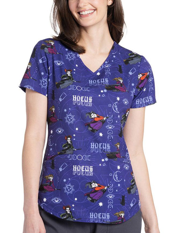 Cherokee Licensed TF737 HDOO Women's V-Neck Print Top in Moon Phase